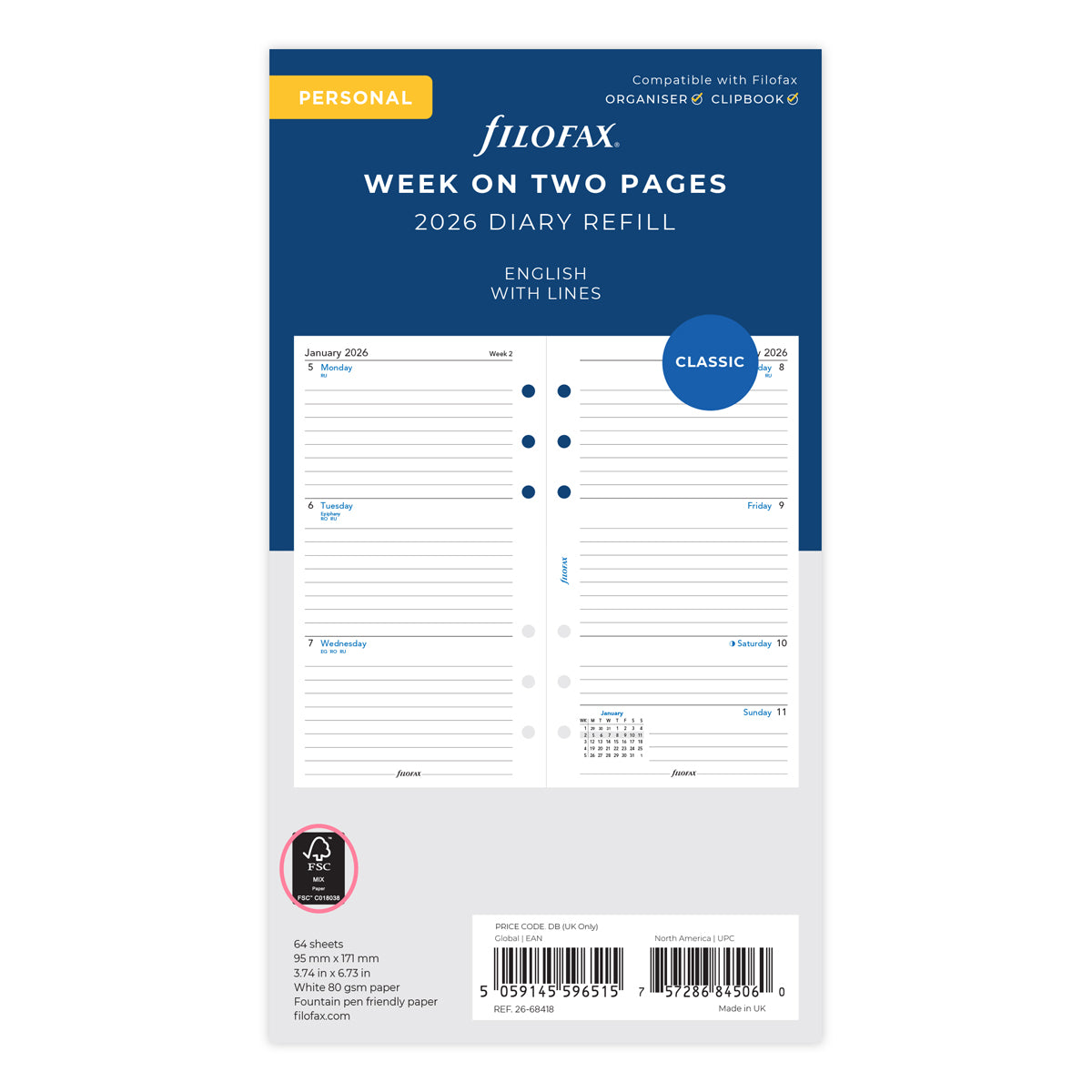 Filofax Refill Classic WTV Ruled Personal 2026 – The Ink Spot